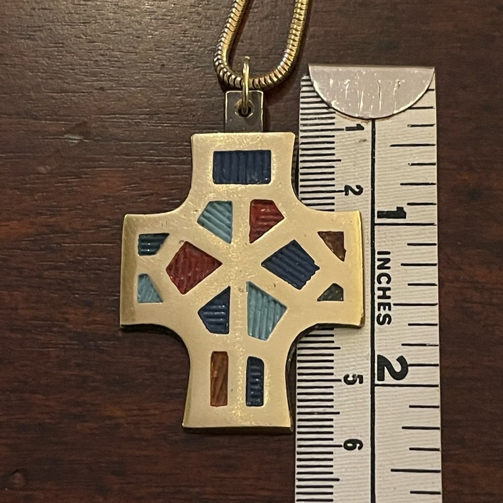 1966 Terra Sancta Brass Colored Glass Cross Pendant A… - Gem